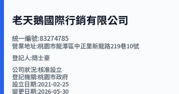 老天鵝國際行銷有限公司的照片-統編 83274785(桃園市) 公司登記資料與營業項目詳細圖表