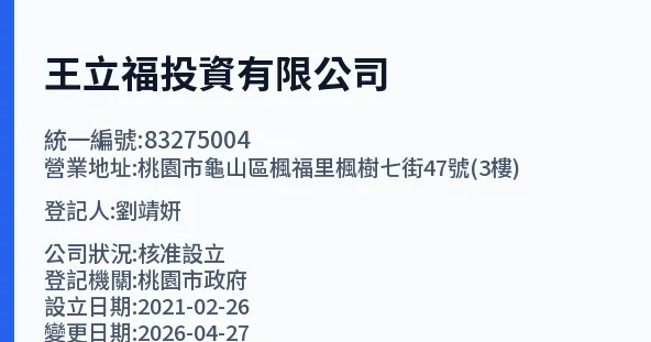 王立福投資有限公司的照片-統編 83275004(桃園市) 公司登記資料與營業項目詳細圖表