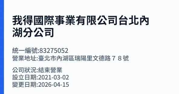 我得國際事業有限公司台北內湖分公司的照片-統編 83275052(臺北市) 公司登記資料與營業項目詳細圖表