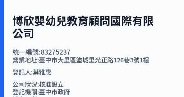 博欣嬰幼兒教育顧問國際有限公司的照片-統編 83275237(臺中市) 公司登記資料與營業項目詳細圖表