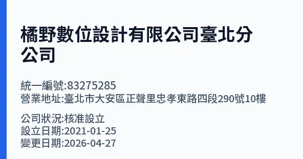 橘野數位設計有限公司臺北分公司的照片-統編 83275285(臺北市) 公司登記資料與營業項目詳細圖表