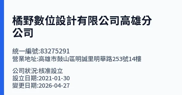 橘野數位設計有限公司高雄分公司的照片-統編 83275291(高雄市) 公司登記資料與營業項目詳細圖表