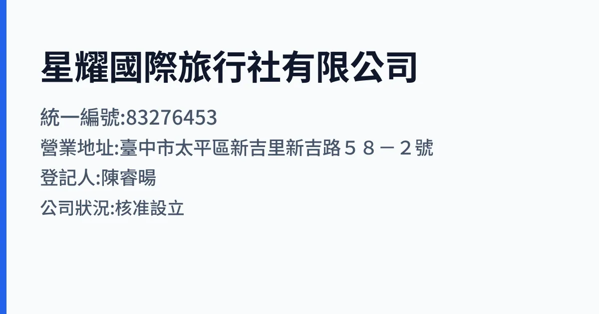 星耀國際旅行社有限公司 - 統編 83276453(臺中市) 公司登記資料與營業項目詳細圖表