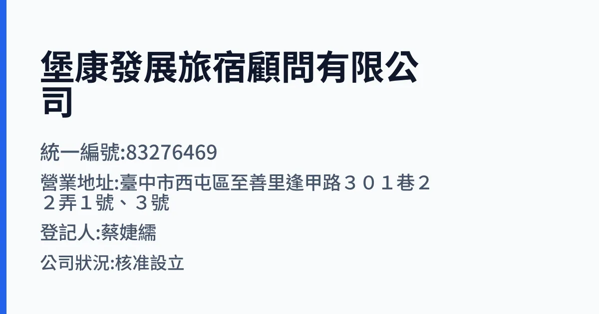 堡康發展旅宿顧問有限公司 - 統編 83276469(臺中市) 公司登記資料與營業項目詳細圖表