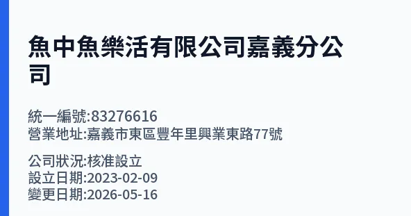 魚中魚樂活有限公司嘉義分公司的照片-統編 83276616(嘉義市) 公司登記資料與營業項目詳細圖表