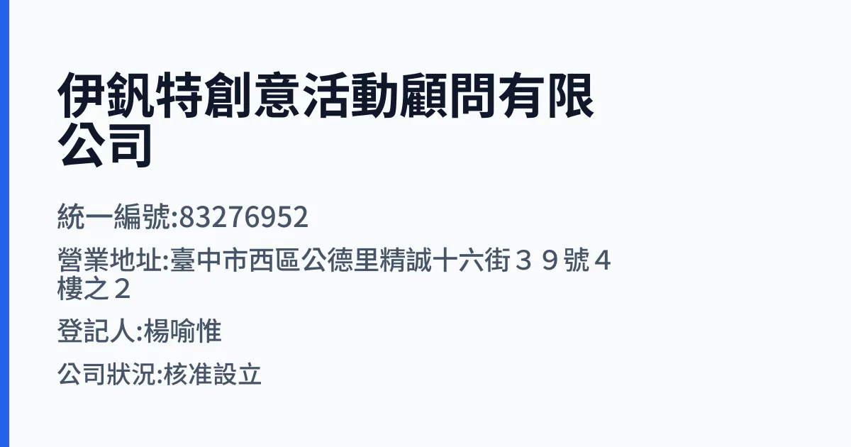 伊釩特創意活動顧問有限公司 - 統編 83276952(臺中市) 公司登記資料與營業項目詳細圖表
