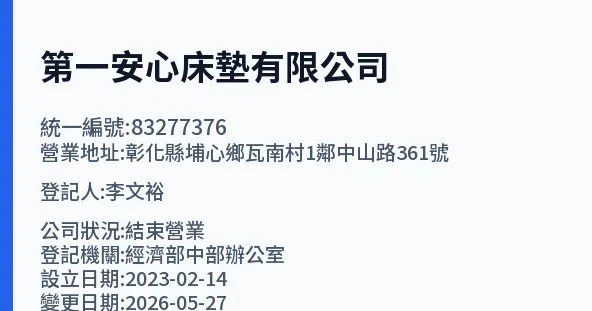第一安心床墊有限公司的照片-統編 83277376(彰化縣) 公司登記資料與營業項目詳細圖表