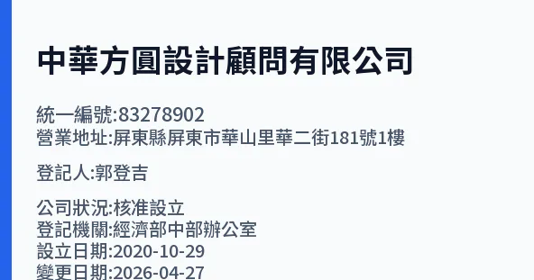 中華方圓設計顧問有限公司的照片-統編 83278902(屏東縣) 公司登記資料與營業項目詳細圖表