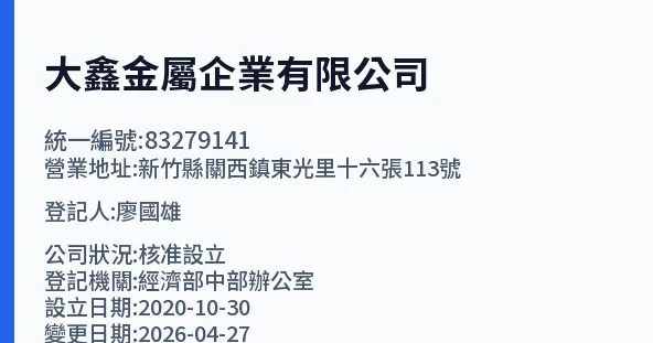 大鑫金屬企業有限公司的照片-統編 83279141(新竹縣) 公司登記資料與營業項目詳細圖表