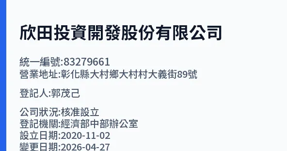 欣田投資開發股份有限公司的照片-統編 83279661(彰化縣) 公司登記資料與營業項目詳細圖表