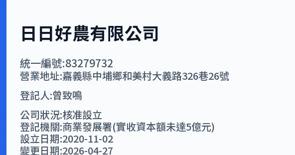 日日好農有限公司的照片-統編 83279732(嘉義縣) 公司登記資料與營業項目詳細圖表