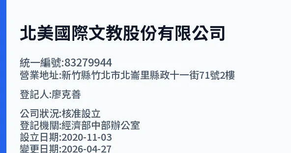 北美國際文教股份有限公司的照片-統編 83279944(新竹縣) 公司登記資料與營業項目詳細圖表