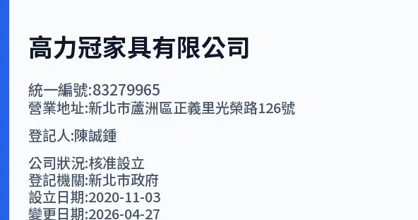高力冠家具有限公司的照片-統編 83279965(新北市) 公司登記資料與營業項目詳細圖表