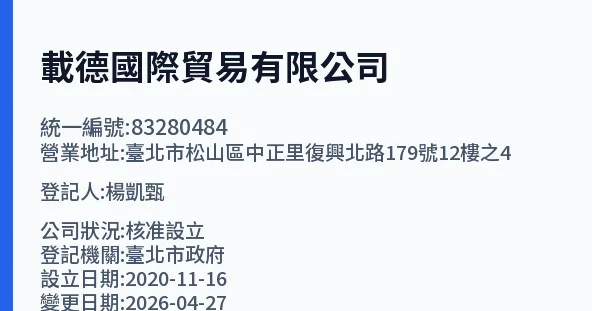 載德國際貿易有限公司的照片-統編 83280484(臺北市) 公司登記資料與營業項目詳細圖表