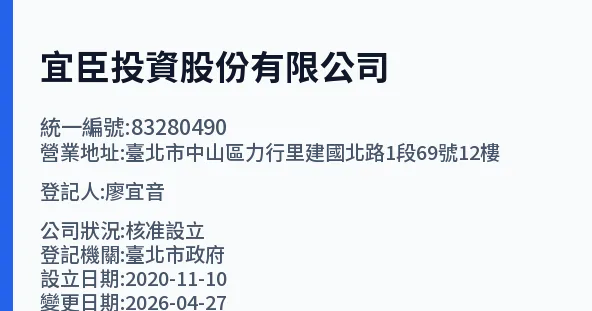 宜臣投資股份有限公司的照片-統編 83280490(臺北市) 公司登記資料與營業項目詳細圖表