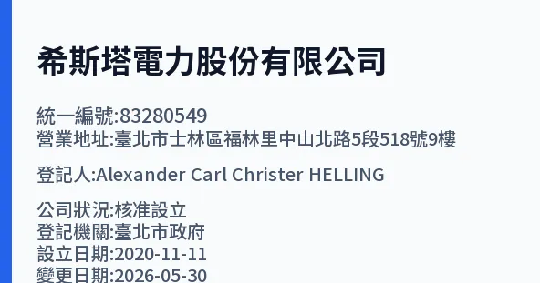 希斯塔電力股份有限公司的照片-統編 83280549(臺北市) 公司登記資料與營業項目詳細圖表