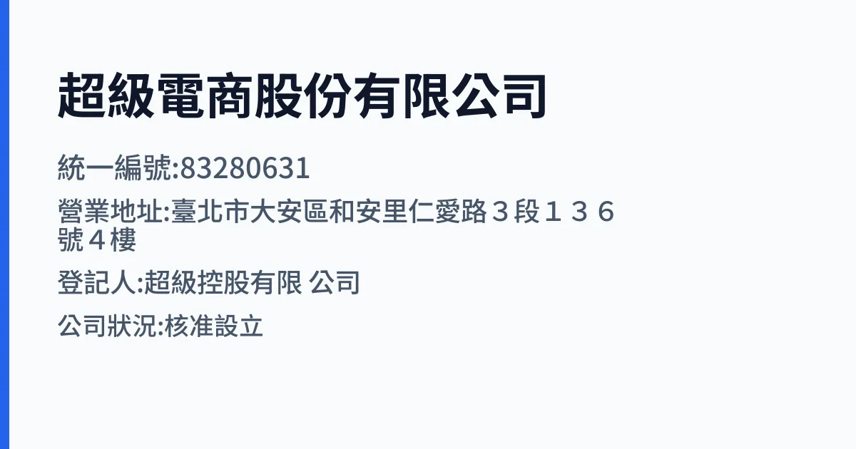 超級電商股份有限公司 - 統編 83280631(臺北市) 公司登記資料與營業項目詳細圖表