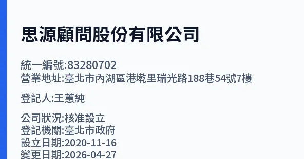 思源顧問股份有限公司的照片-統編 83280702(臺北市) 公司登記資料與營業項目詳細圖表