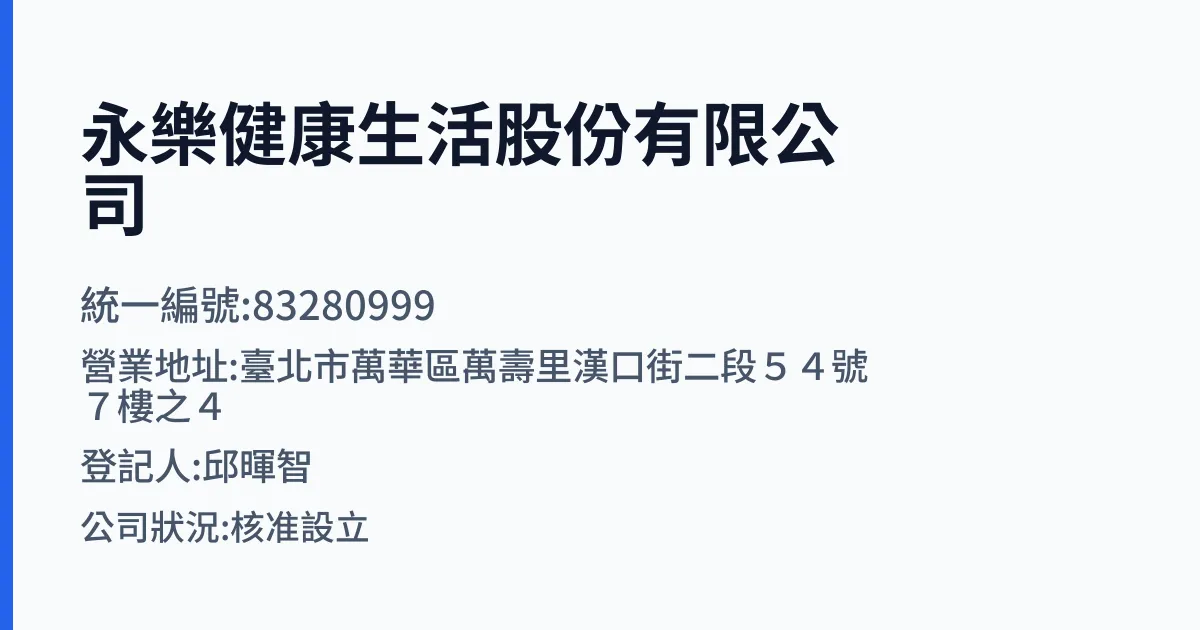 永樂健康生活股份有限公司 - 統編 83280999(臺北市) 公司登記資料與營業項目詳細圖表