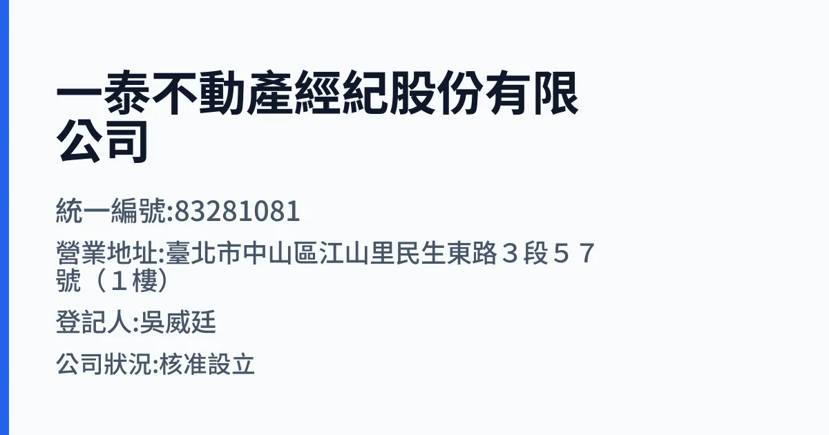 一泰不動產經紀股份有限公司 - 統編 83281081(臺北市) 公司登記資料與營業項目詳細圖表