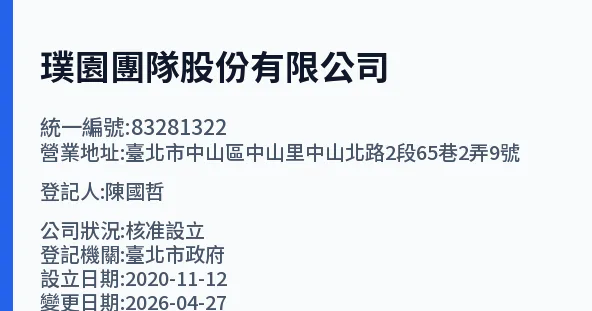 璞園團隊股份有限公司的照片-統編 83281322(臺北市) 公司登記資料與營業項目詳細圖表