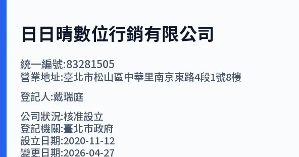 日日晴數位行銷有限公司的照片-統編 83281505(臺北市) 公司登記資料與營業項目詳細圖表