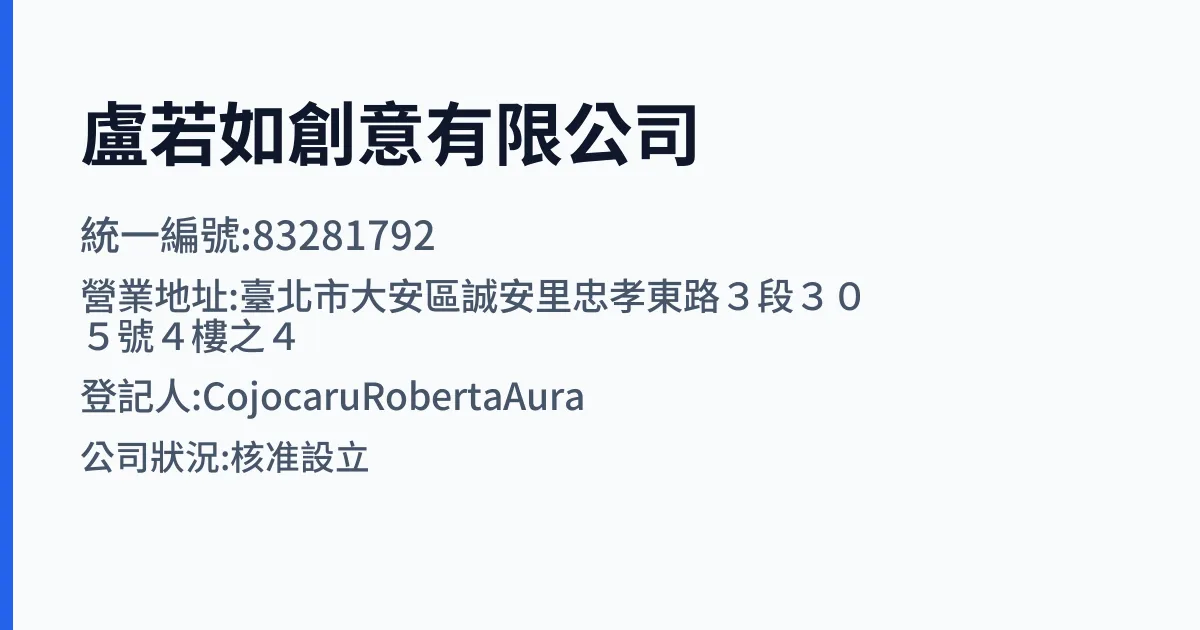 盧若如創意有限公司 - 統編 83281792(臺北市) 公司登記資料與營業項目詳細圖表
