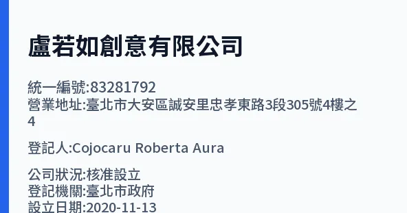 盧若如創意有限公司的照片-統編 83281792(臺北市) 公司登記資料與營業項目詳細圖表