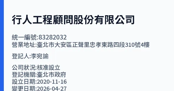 行人工程顧問股份有限公司的照片-統編 83282032(臺北市) 公司登記資料與營業項目詳細圖表