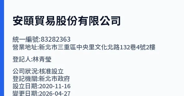 安頤貿易股份有限公司的照片-統編 83282363(新北市) 公司登記資料與營業項目詳細圖表