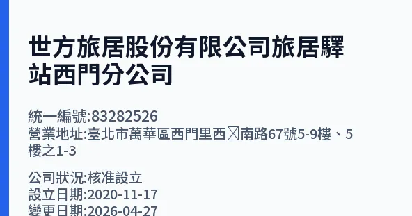 世方旅居股份有限公司旅居驛站西門分公司的照片-統編 83282526(臺北市) 公司登記資料與營業項目詳細圖表