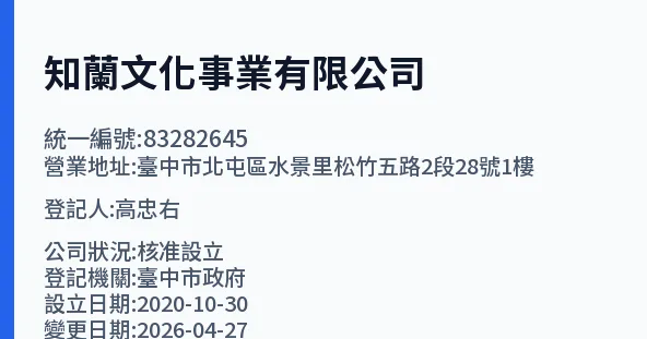 知蘭文化事業有限公司的照片-統編 83282645(臺中市) 公司登記資料與營業項目詳細圖表