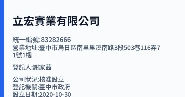 立宏實業有限公司的照片-統編 83282666(臺中市) 公司登記資料與營業項目詳細圖表