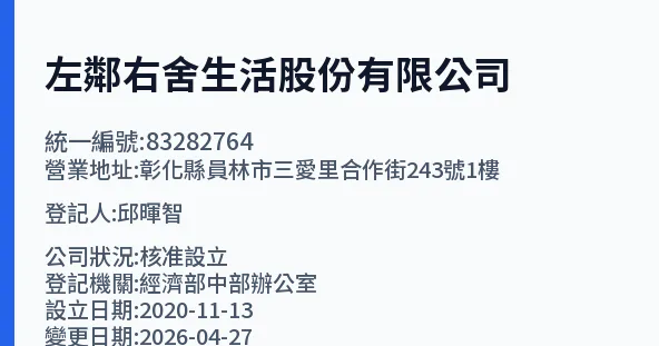 左鄰右舍生活股份有限公司的照片-統編 83282764(彰化縣) 公司登記資料與營業項目詳細圖表