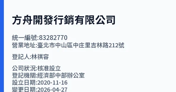方舟開發行銷有限公司的照片-統編 83282770(臺北市) 公司登記資料與營業項目詳細圖表