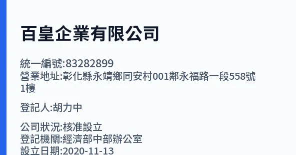 百皇企業有限公司的照片-統編 83282899(彰化縣) 公司登記資料與營業項目詳細圖表