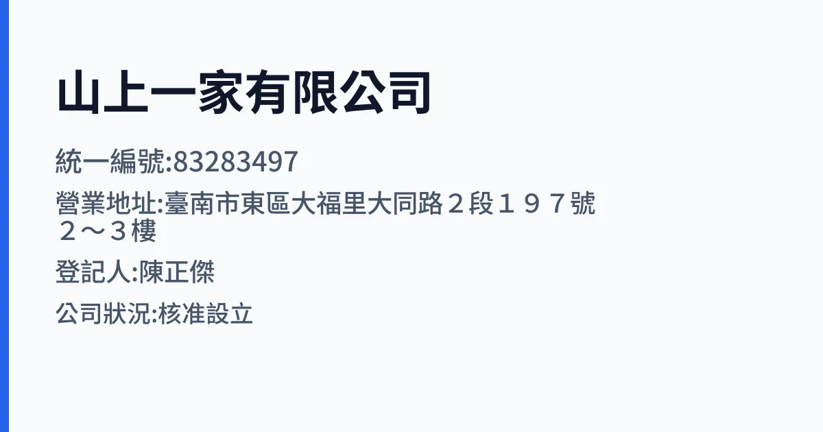山上一家有限公司 - 統編 83283497(臺南市) 公司登記資料與營業項目詳細圖表