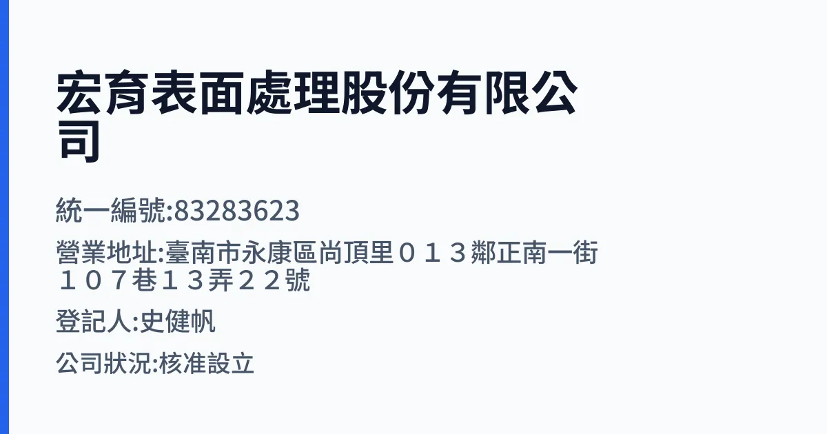 宏育表面處理股份有限公司 - 統編 83283623(臺南市) 公司登記資料與營業項目詳細圖表