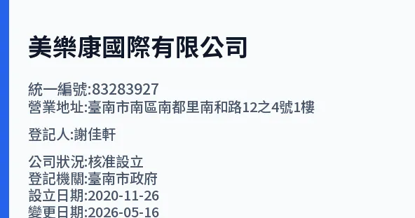 美樂康國際有限公司的照片-統編 83283927(臺南市) 公司登記資料與營業項目詳細圖表