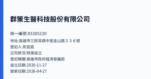 群策生醫科技股份有限公司的照片-統編 83285220(高雄市) 公司登記資料與營業項目詳細圖表