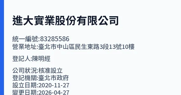 進大實業股份有限公司的照片-統編 83285586(臺北市) 公司登記資料與營業項目詳細圖表