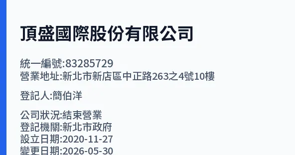 頂盛國際股份有限公司的照片-統編 83285729(新北市) 公司登記資料與營業項目詳細圖表