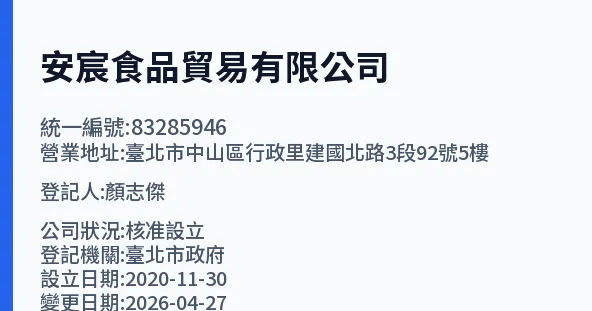 安宸食品貿易有限公司的照片-統編 83285946(臺北市) 公司登記資料與營業項目詳細圖表