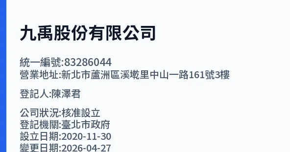 九禹股份有限公司的照片-統編 83286044(新北市) 公司登記資料與營業項目詳細圖表