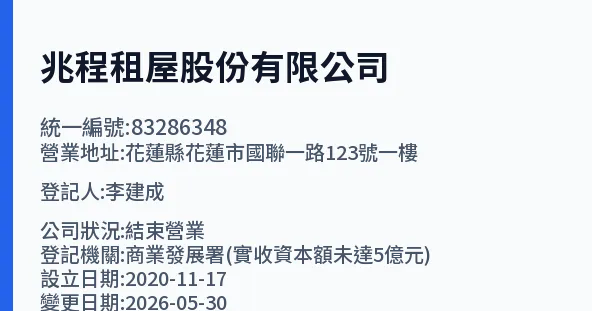 兆程租屋股份有限公司的照片-統編 83286348(花蓮縣) 公司登記資料與營業項目詳細圖表