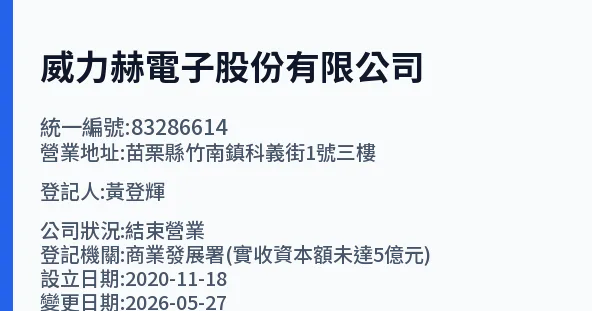 威力赫電子股份有限公司的照片-統編 83286614(苗栗縣) 公司登記資料與營業項目詳細圖表