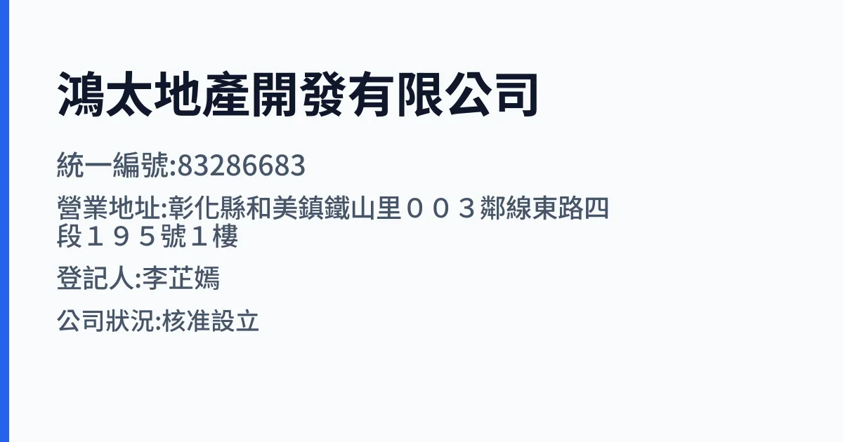 鴻太地產開發有限公司 - 統編 83286683(彰化縣) 公司登記資料與營業項目詳細圖表