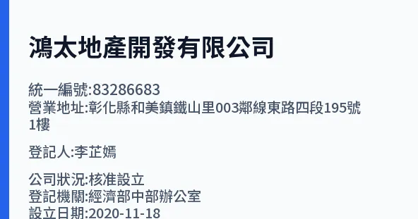 鴻太地產開發有限公司的照片-統編 83286683(彰化縣) 公司登記資料與營業項目詳細圖表