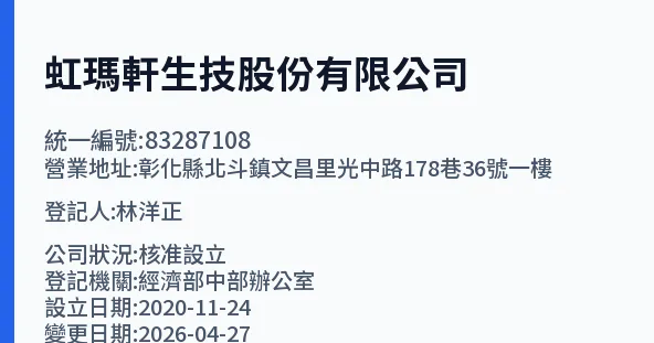 虹瑪軒生技股份有限公司的照片-統編 83287108(彰化縣) 公司登記資料與營業項目詳細圖表