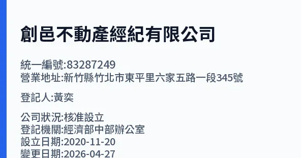 創邑不動產經紀有限公司的照片-統編 83287249(新竹縣) 公司登記資料與營業項目詳細圖表